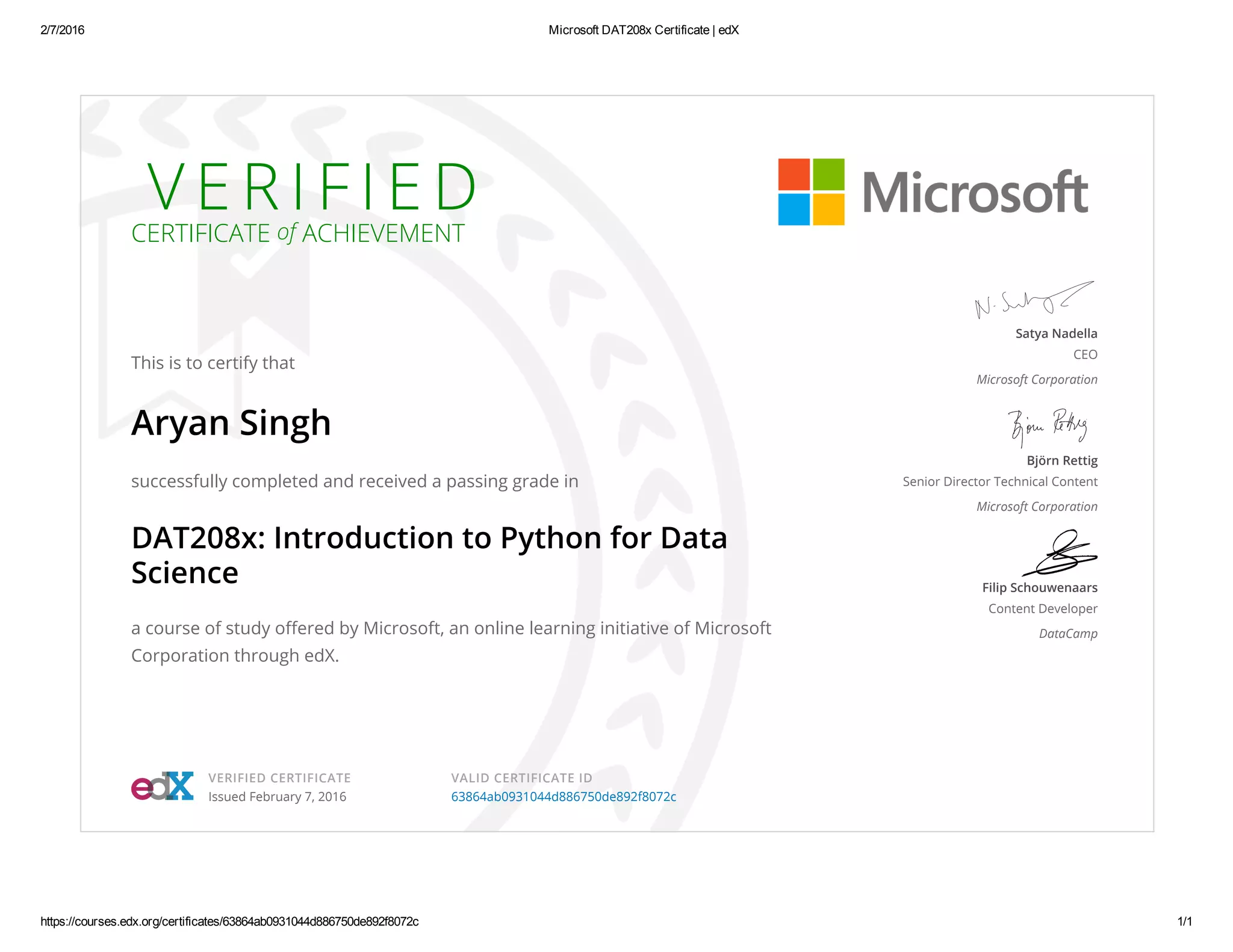 Microsoft DAT208x Certificate _ edX | PDF