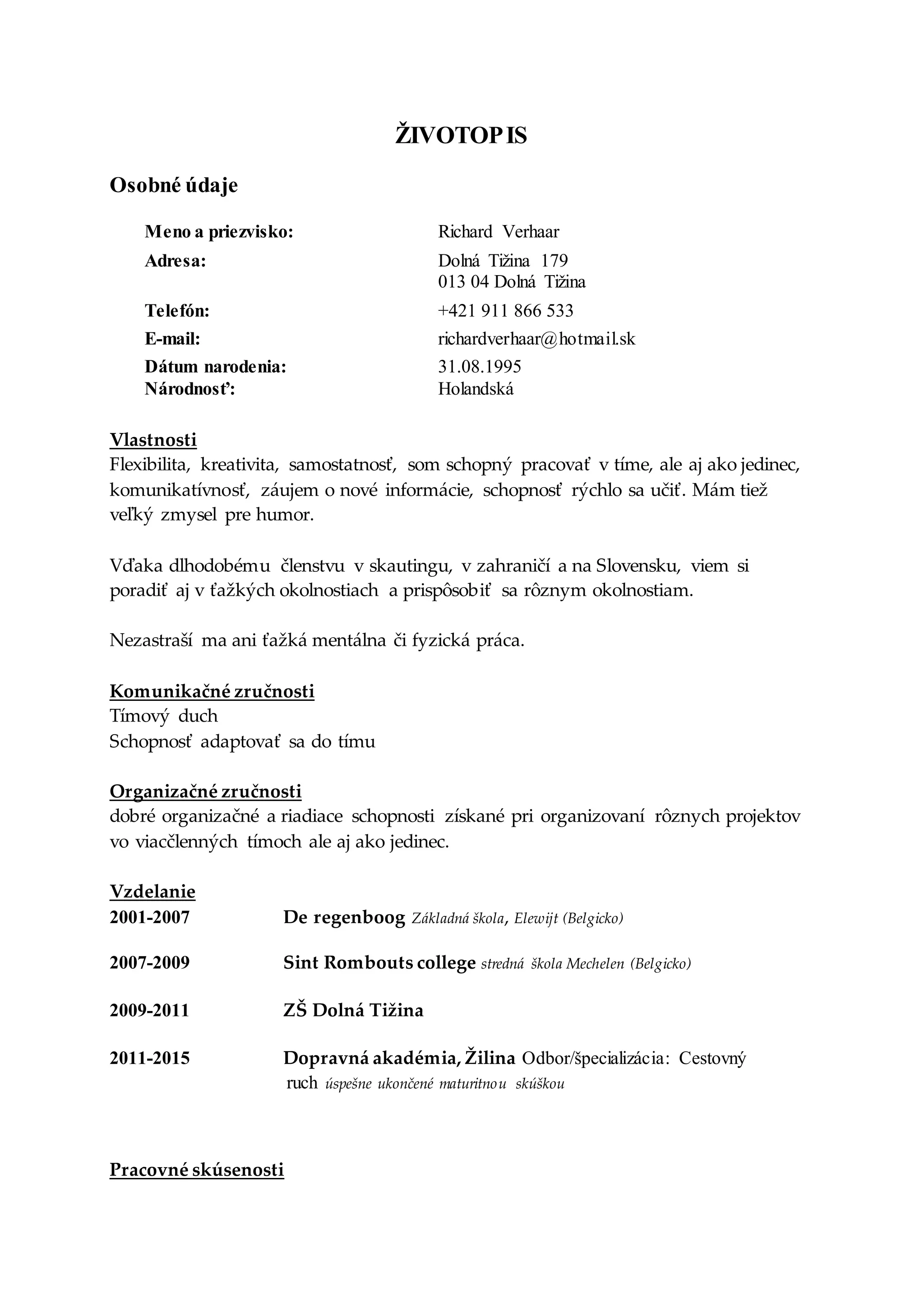 životopis RICHARD VERHAAR | PDF