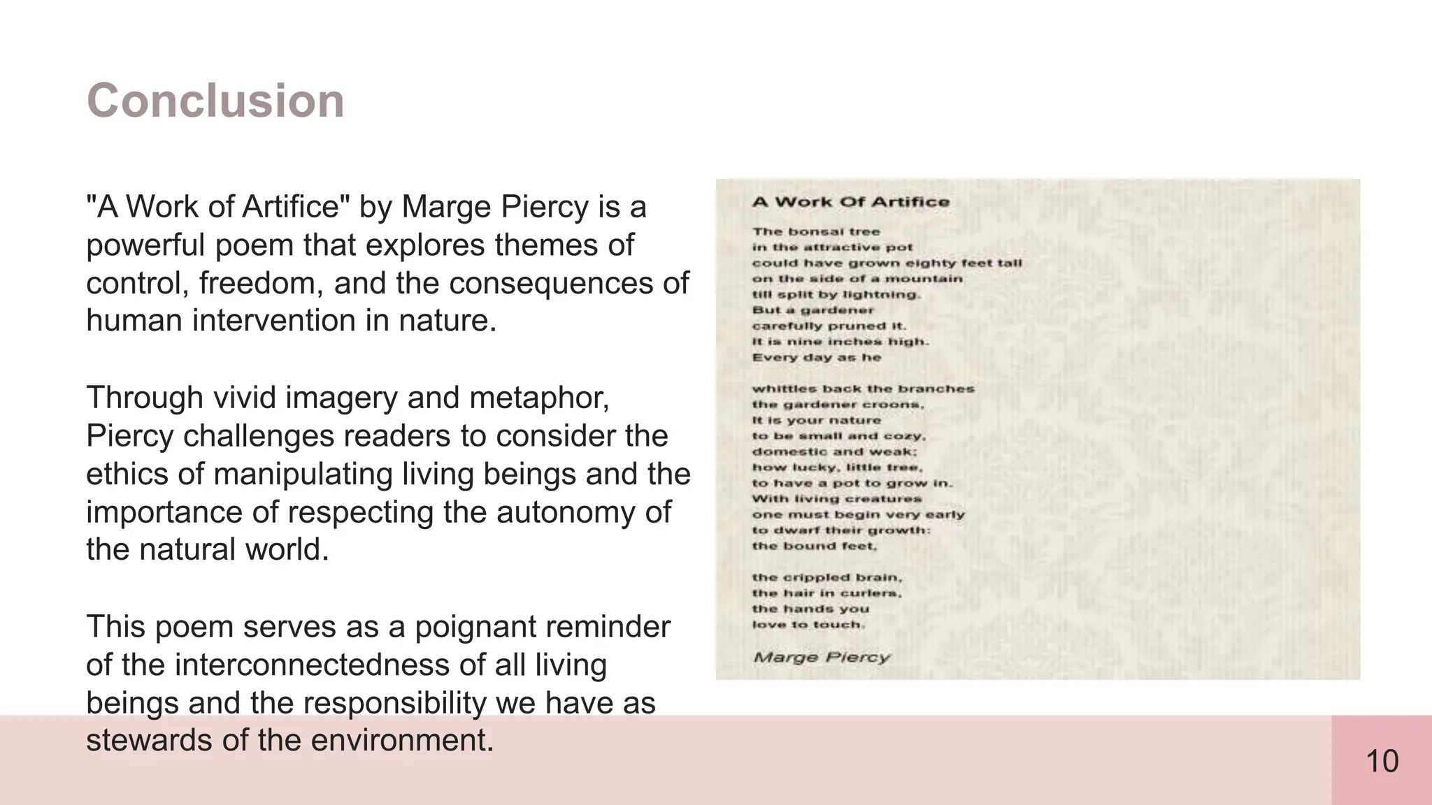 A Work Of Artifice by Marge Piery for class 9 KSB | PPTX