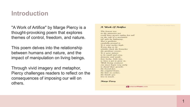 A Work Of Artifice by Marge Piery for class 9 KSB | PPTX