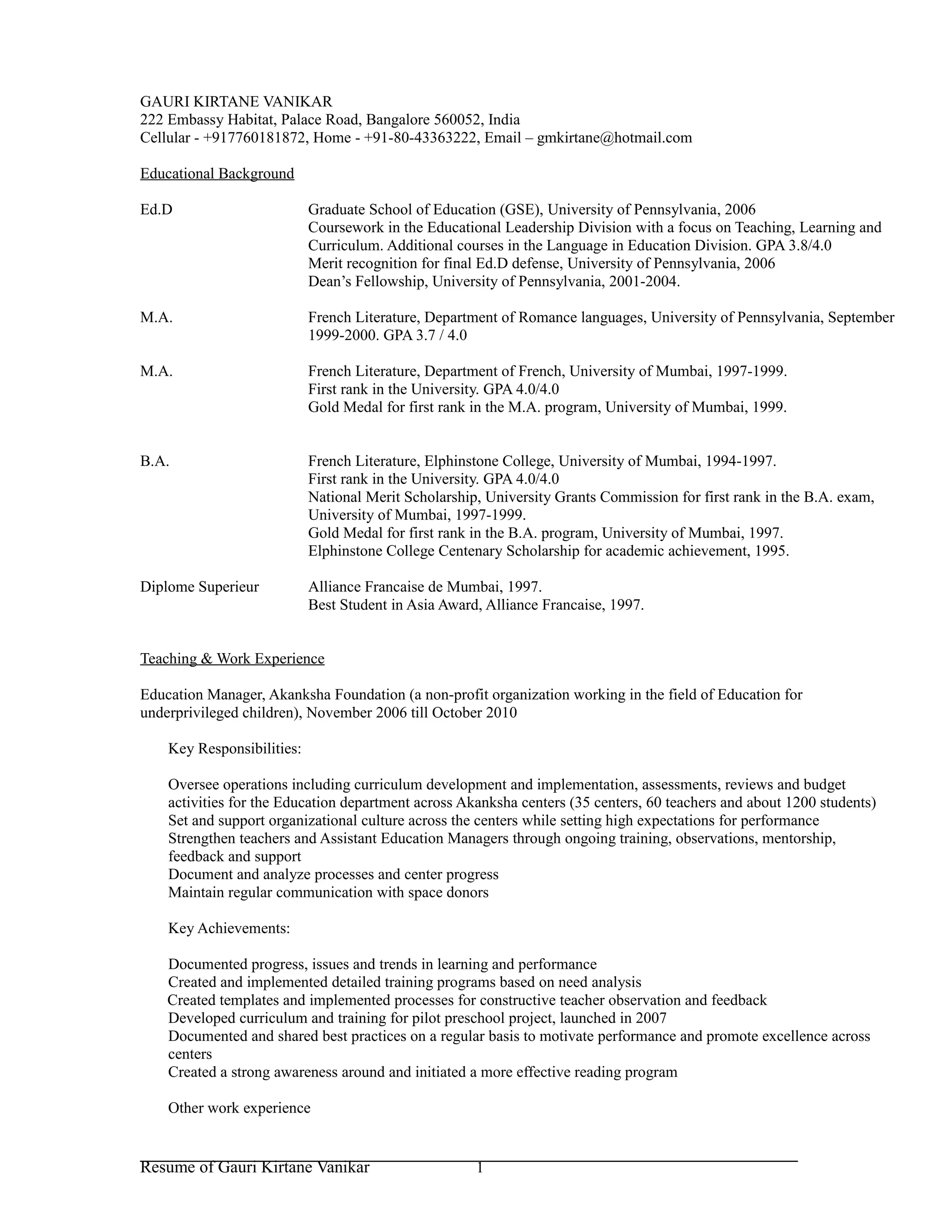 Gauri_Final Resume_August2015 | DOC | Professional School | Postgraduate Education