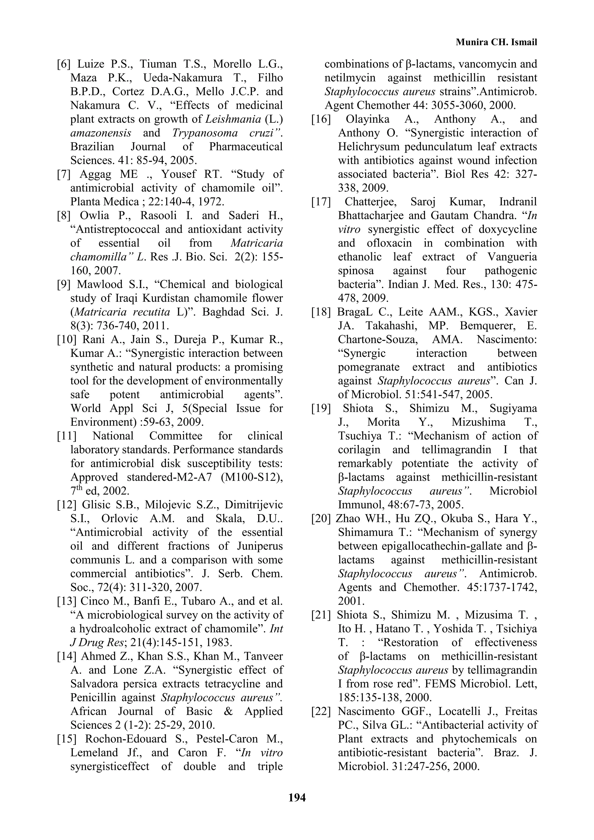 Synergistic Interaction between Chamomile Flower (Matricaria chamomilla ...