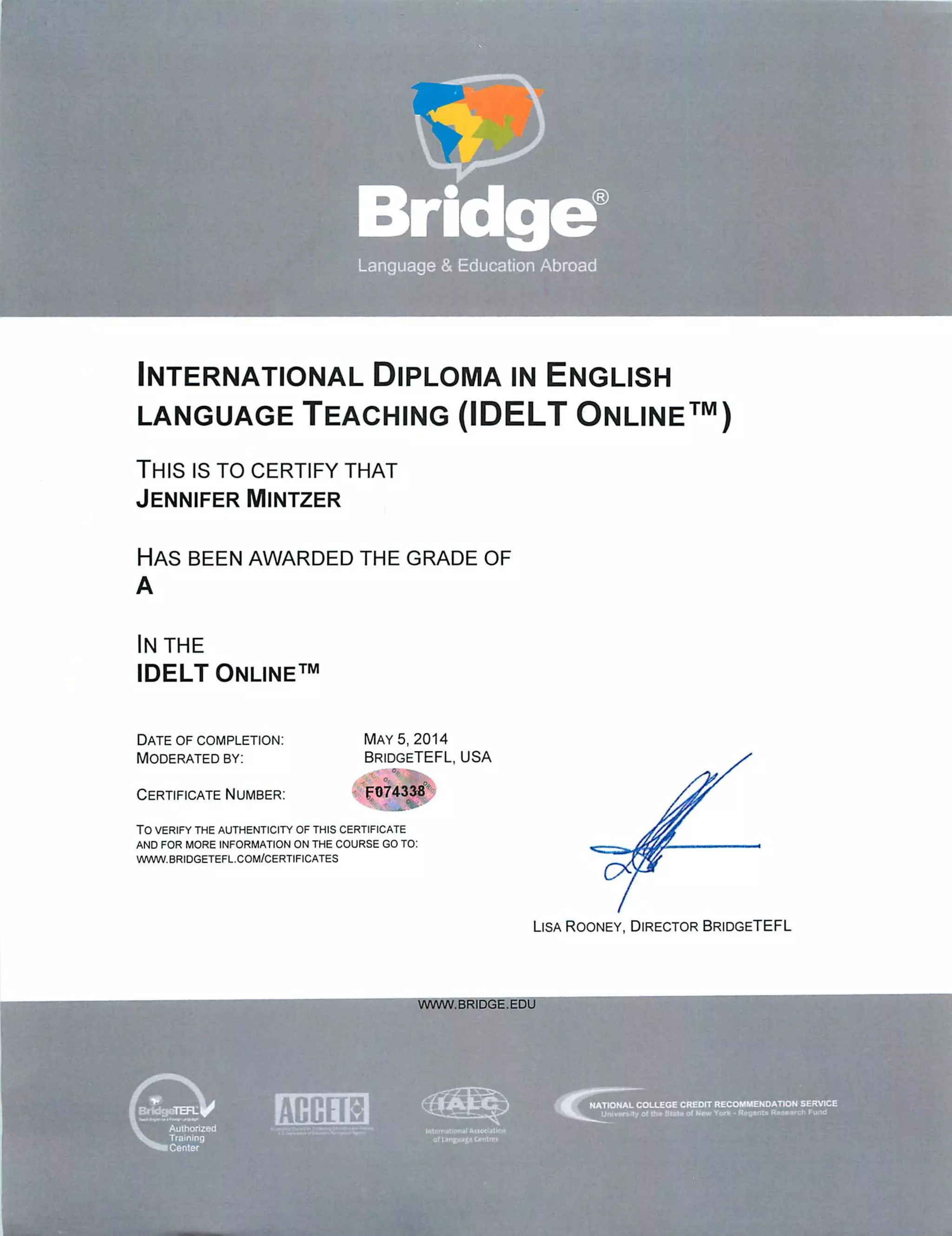 Jennifer Mintzer International Diploma in English Language Teaching ...