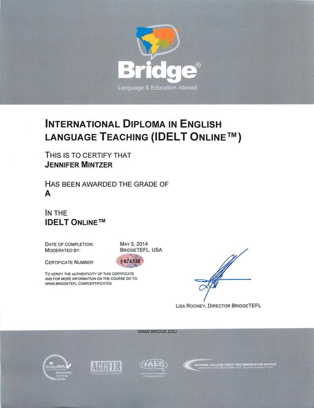 Jennifer Mintzer International Diploma in English Language Teaching ...