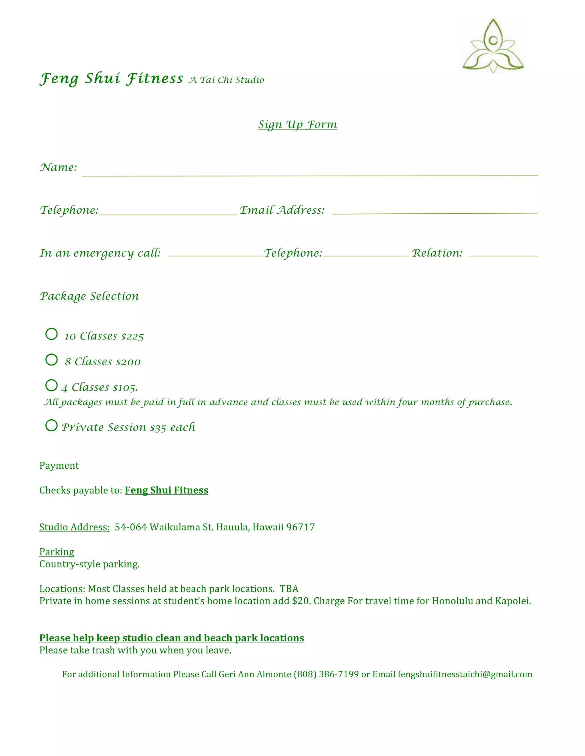 Feng Shui Fitness signup form green | PDF