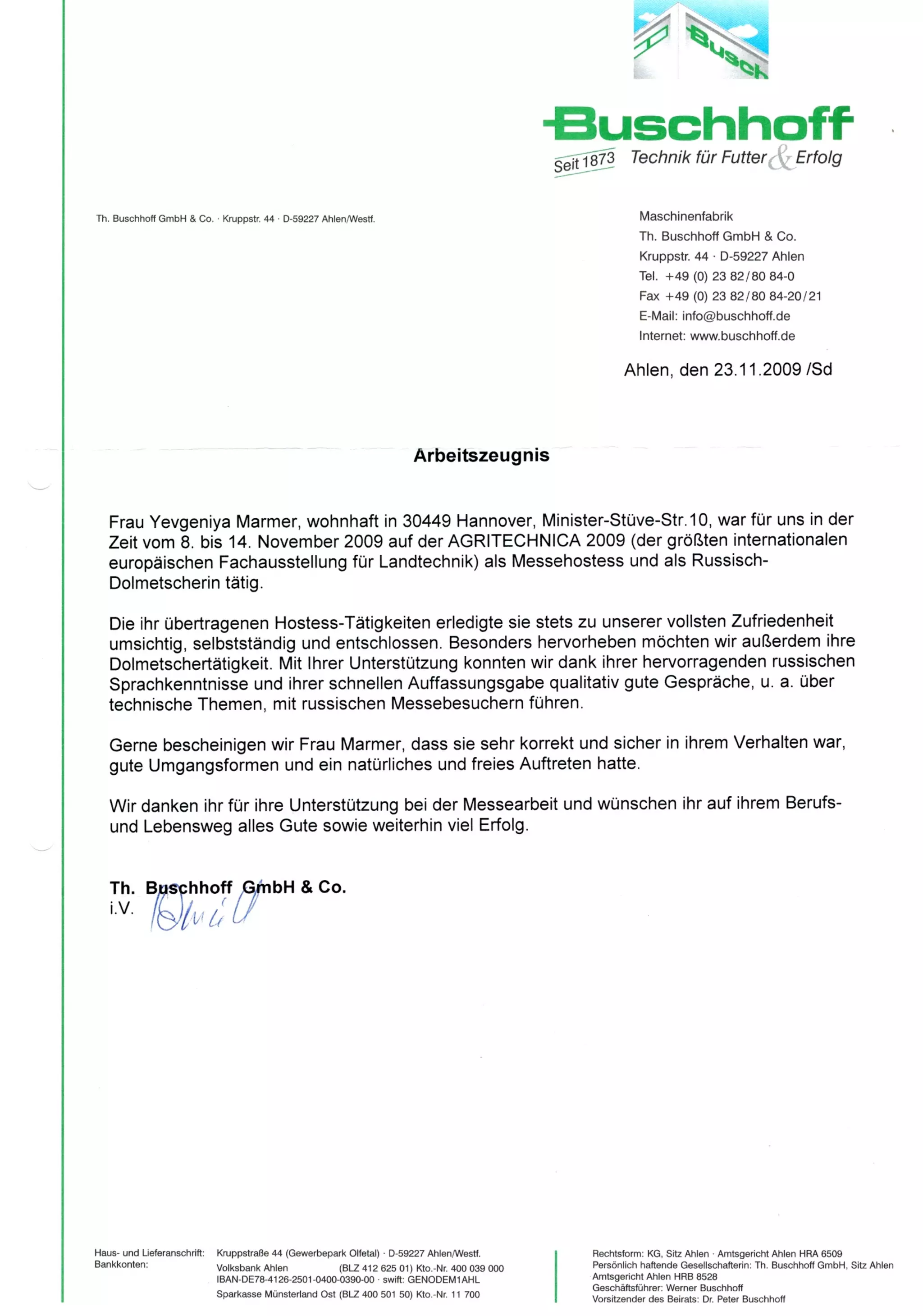 Marmer Yevgeniya_Buschhoff-Zeugnis 1 | PDF