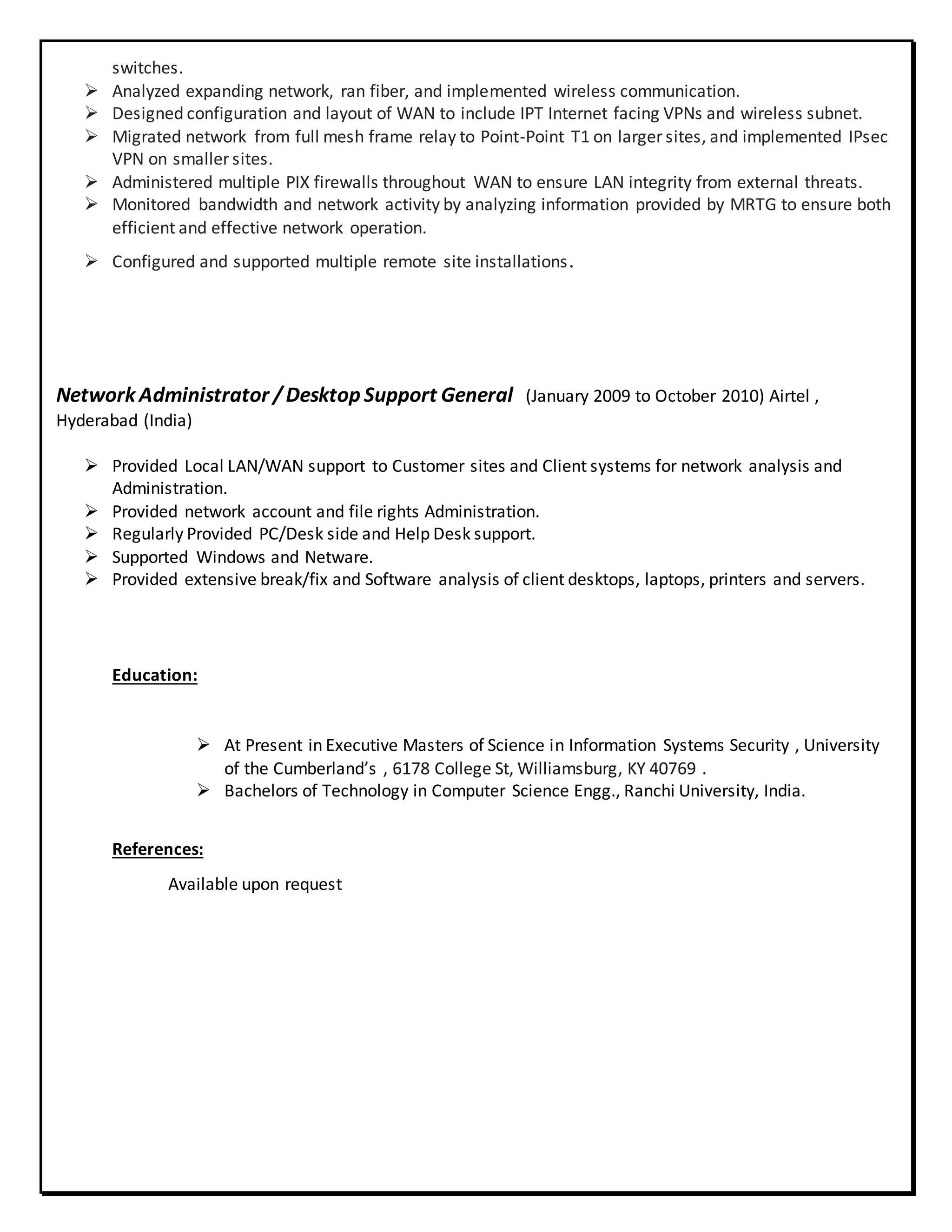 Syed_Network_resume | DOCX | IT and Internet Support | Internet