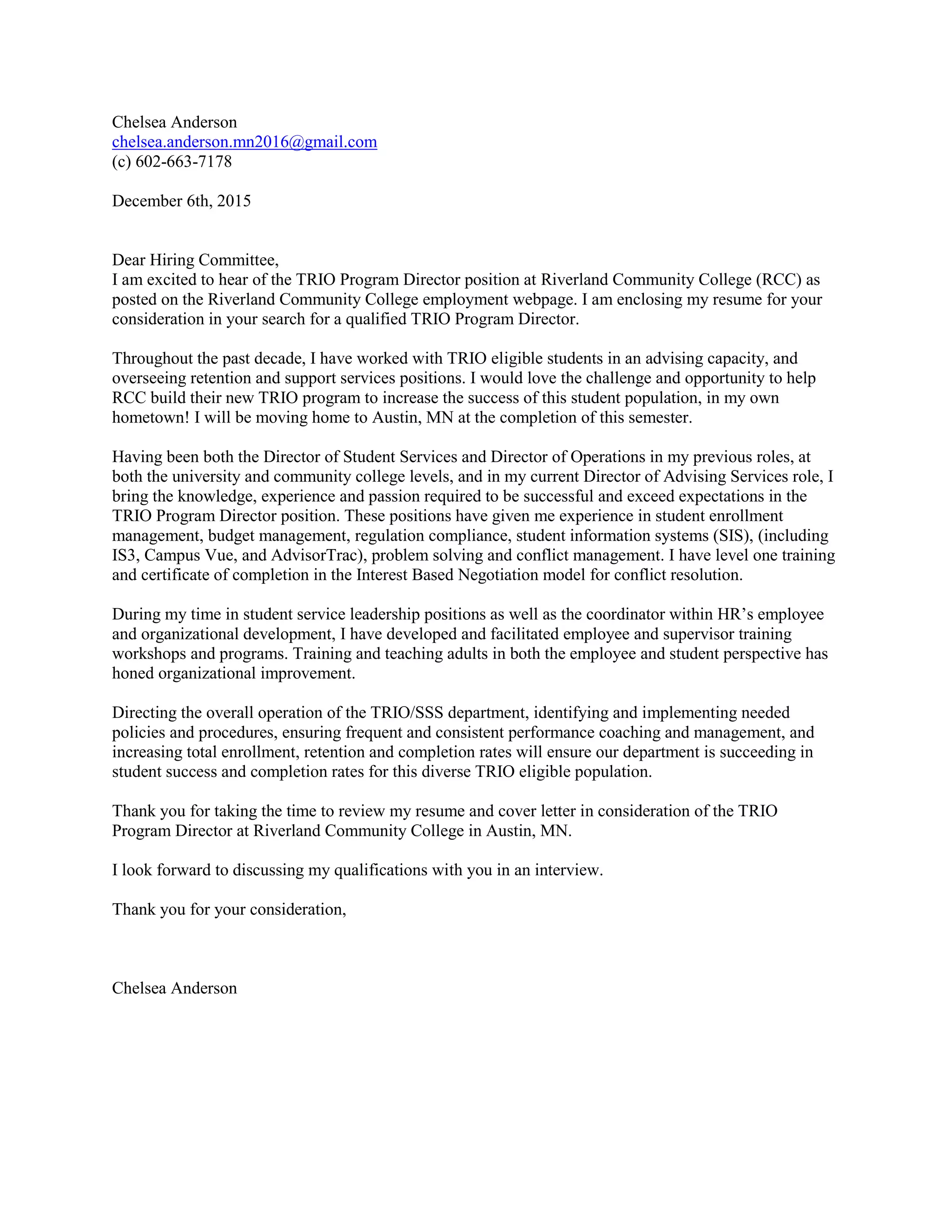 ChelseaAnderson2015.Cover Letter. TRIO Director (2) | PDF