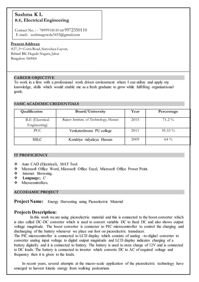 Sushma K L Resume Fresher B.E E&E.Docx | Consumer Electronics | Technology & Computing