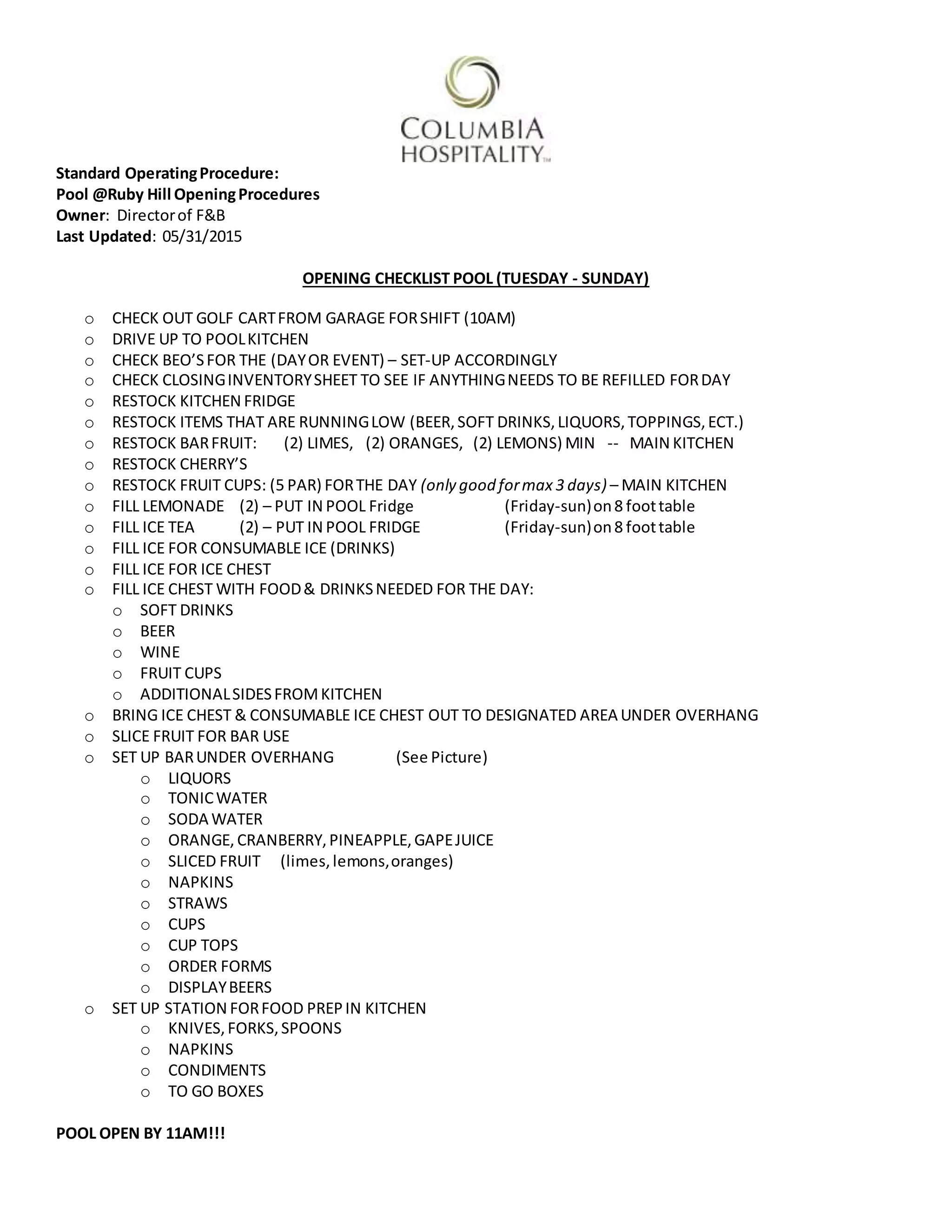 Columbia Pool Opening, Order, Mid, and Closing Procedures Wall Docs | DOCX