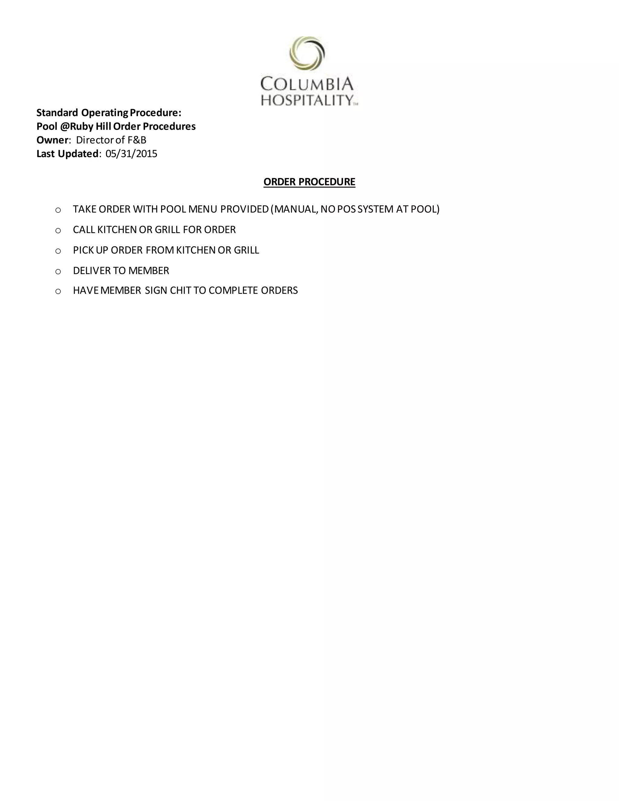 Columbia Pool Opening, Order, Mid, and Closing Procedures Wall Docs | DOCX