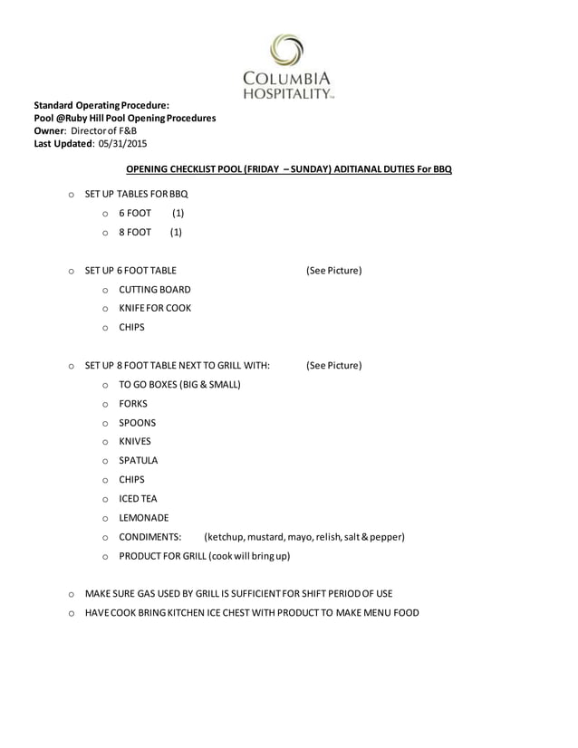 Columbia Pool Opening, Order, Mid, and Closing Procedures Wall Docs ...