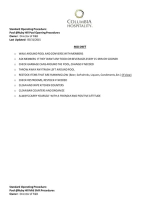Columbia Pool Opening, Order, Mid, and Closing Procedures Wall Docs | DOCX