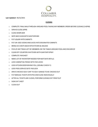 Columbia Pool Opening, Order, Mid, and Closing Procedures Wall Docs | DOCX