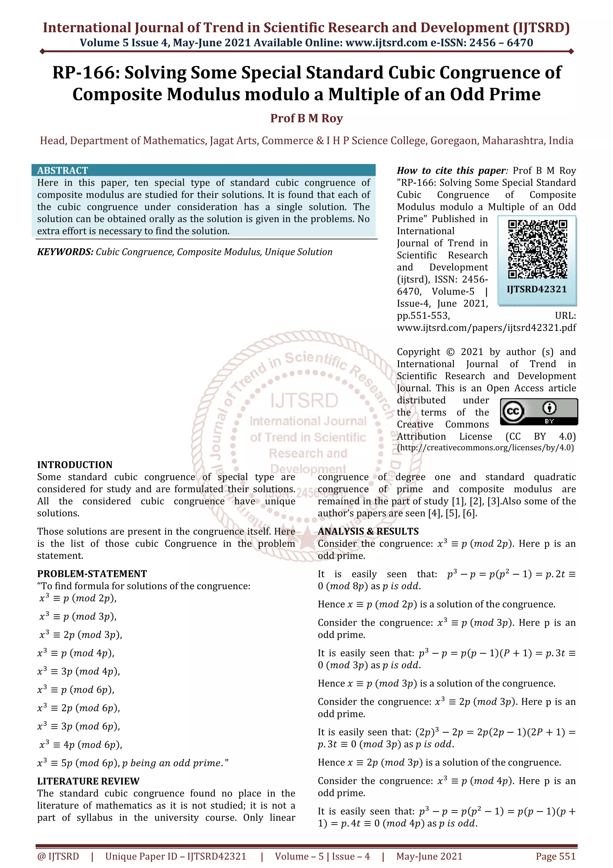 RP 166 Solving Some Special Standard Cubic Congruence of Composite ...
