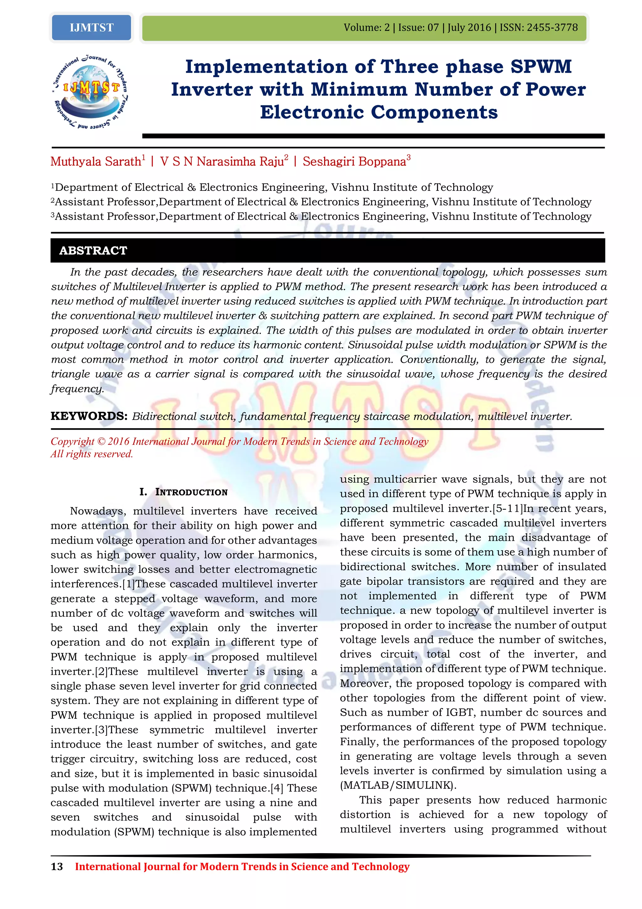 Implementation of Three phase SPWM Inverter with Minimum Number of Power Electronic Components | PDF