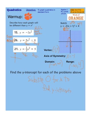 9-2 Graphing Quadratic Functions Standard Form.pdf | Physics | Science