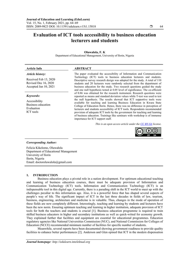 Evaluation of ICT tools accessibility to business education lecturers and students | PDF ...