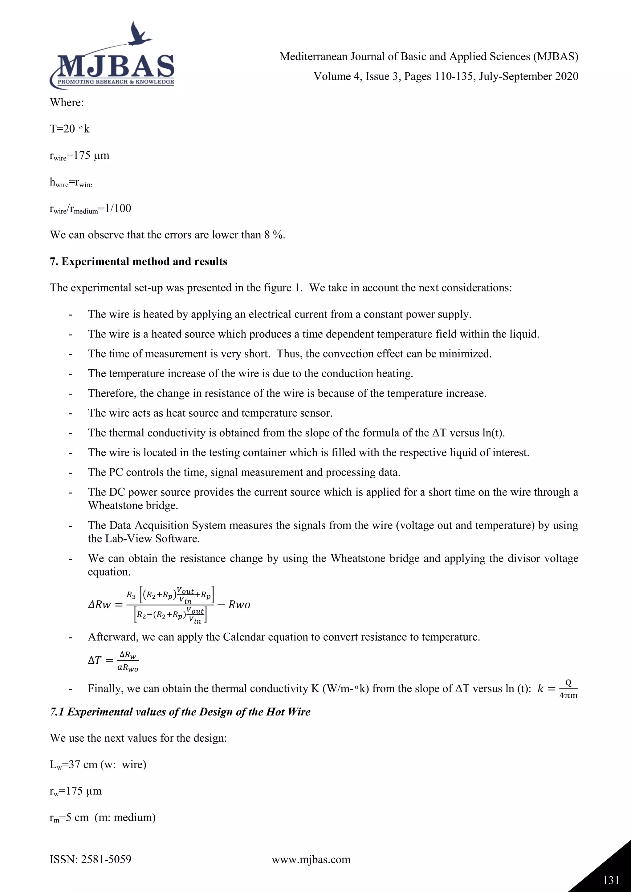 Determination of the Thermal Conductivity by Using the Hot Wire Method ...