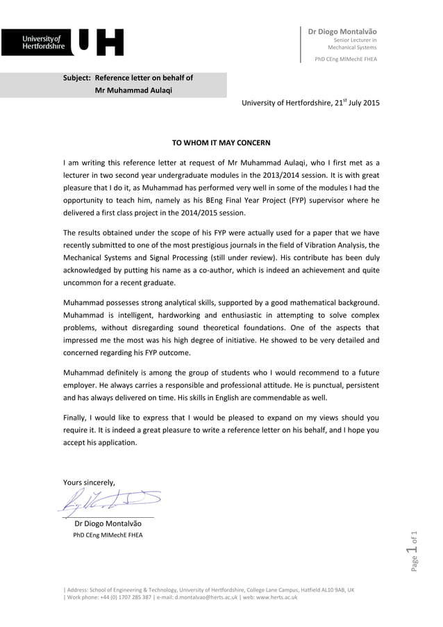 Reference Letter for Muhammad Aulaqi | PDF