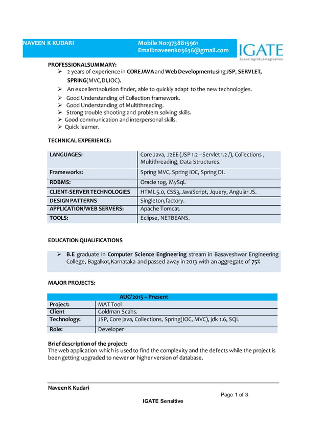 IGATE_JAVA_Naveen_CV | PDF