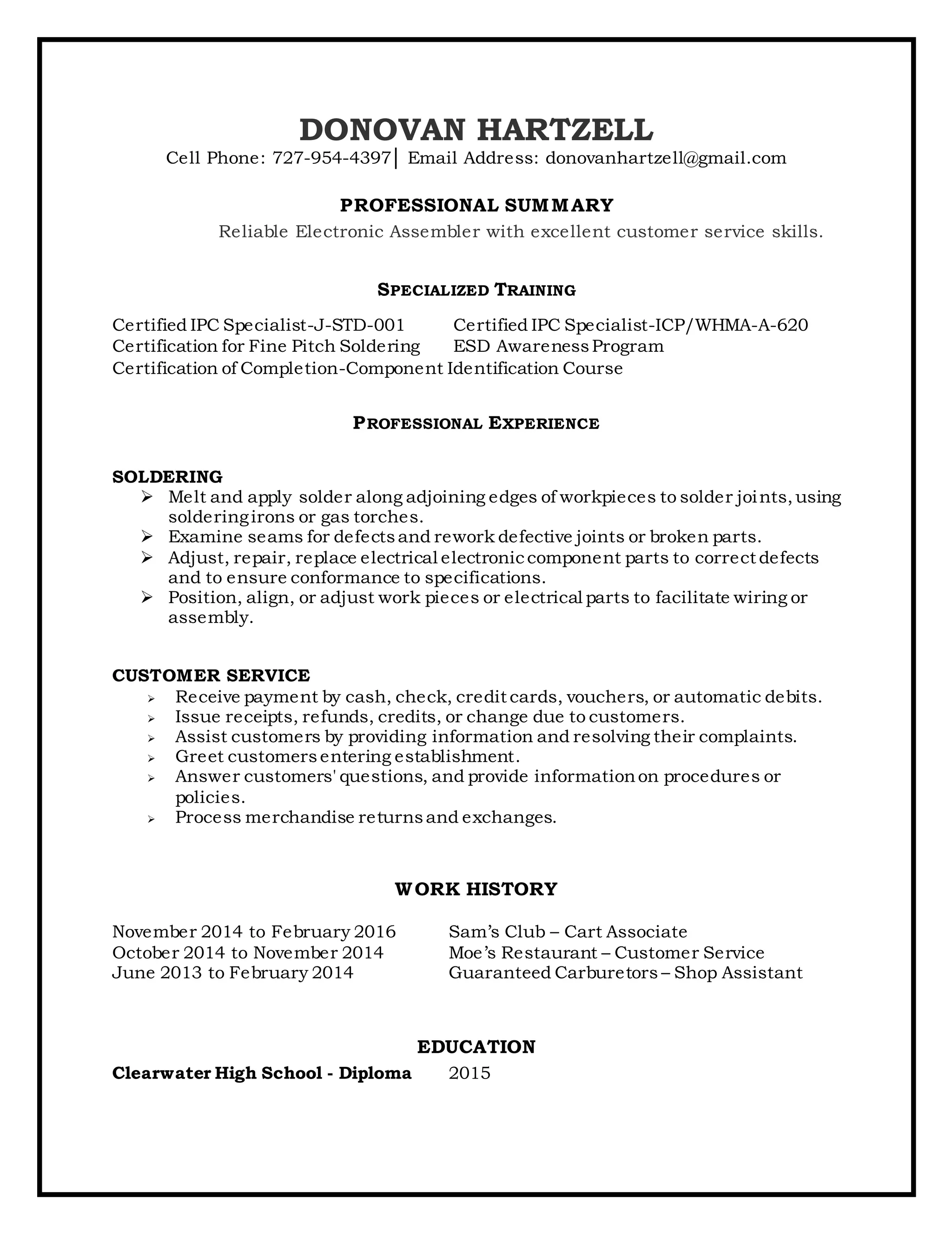 Donovan Hartzell Soldering Resume 2016 | DOCX