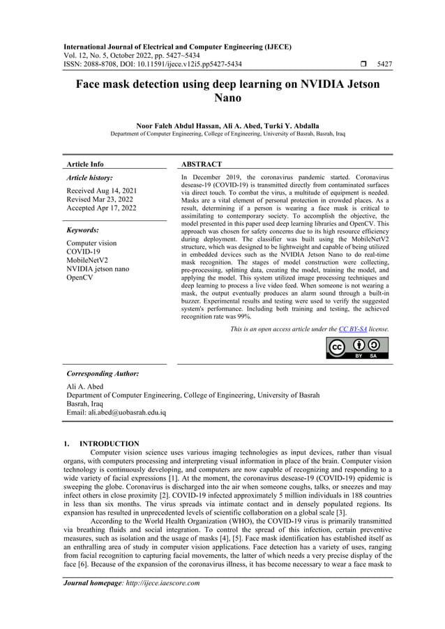 Face mask detection using deep learning on NVIDIA Jetson Nano | PDF