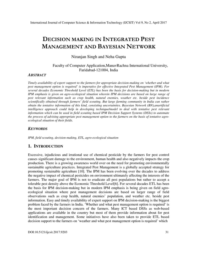 Decision Making in Integrated Pest Management and Bayesian Network | PDF