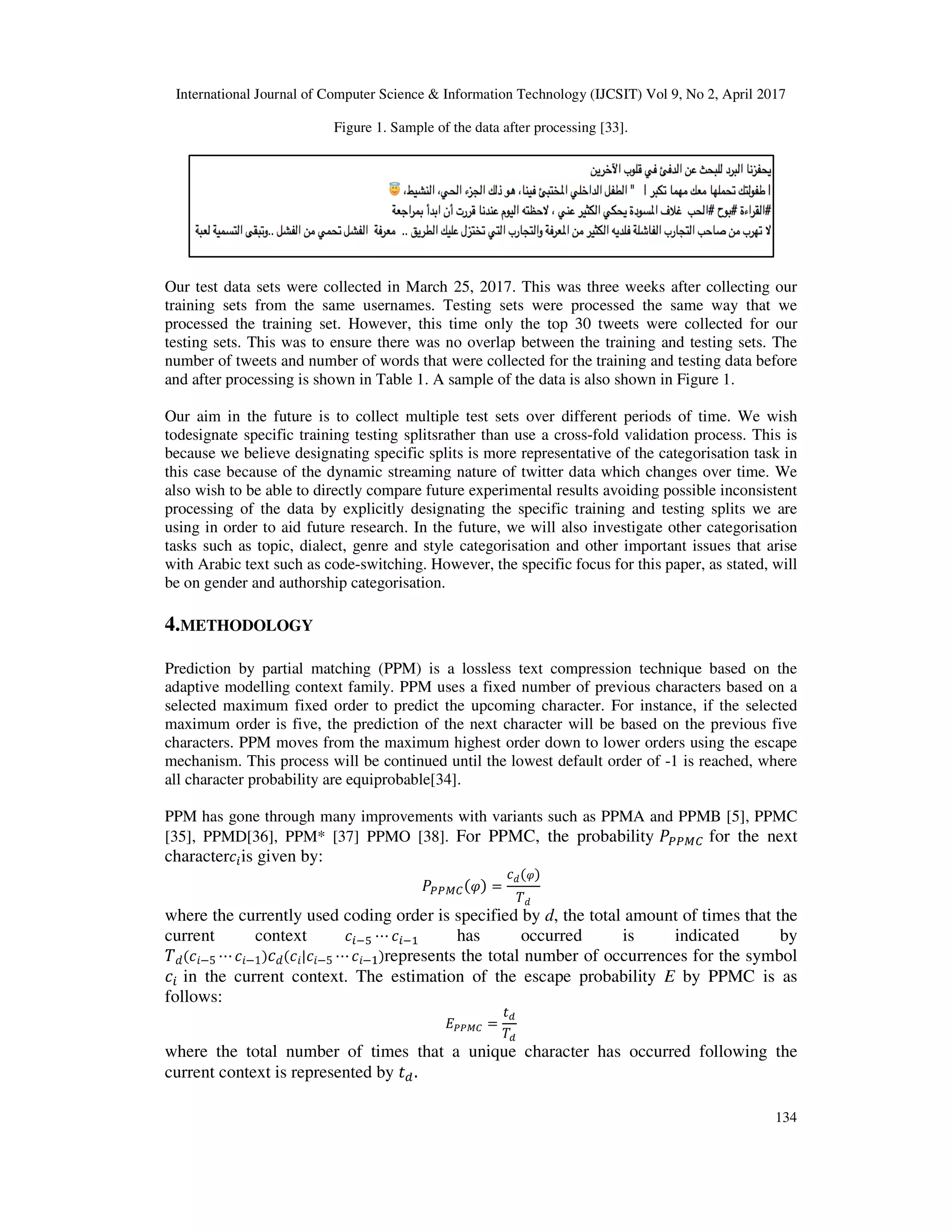 Gender and Authorship Categorisation of Arabic Text from Twitter Using PPM | PDF