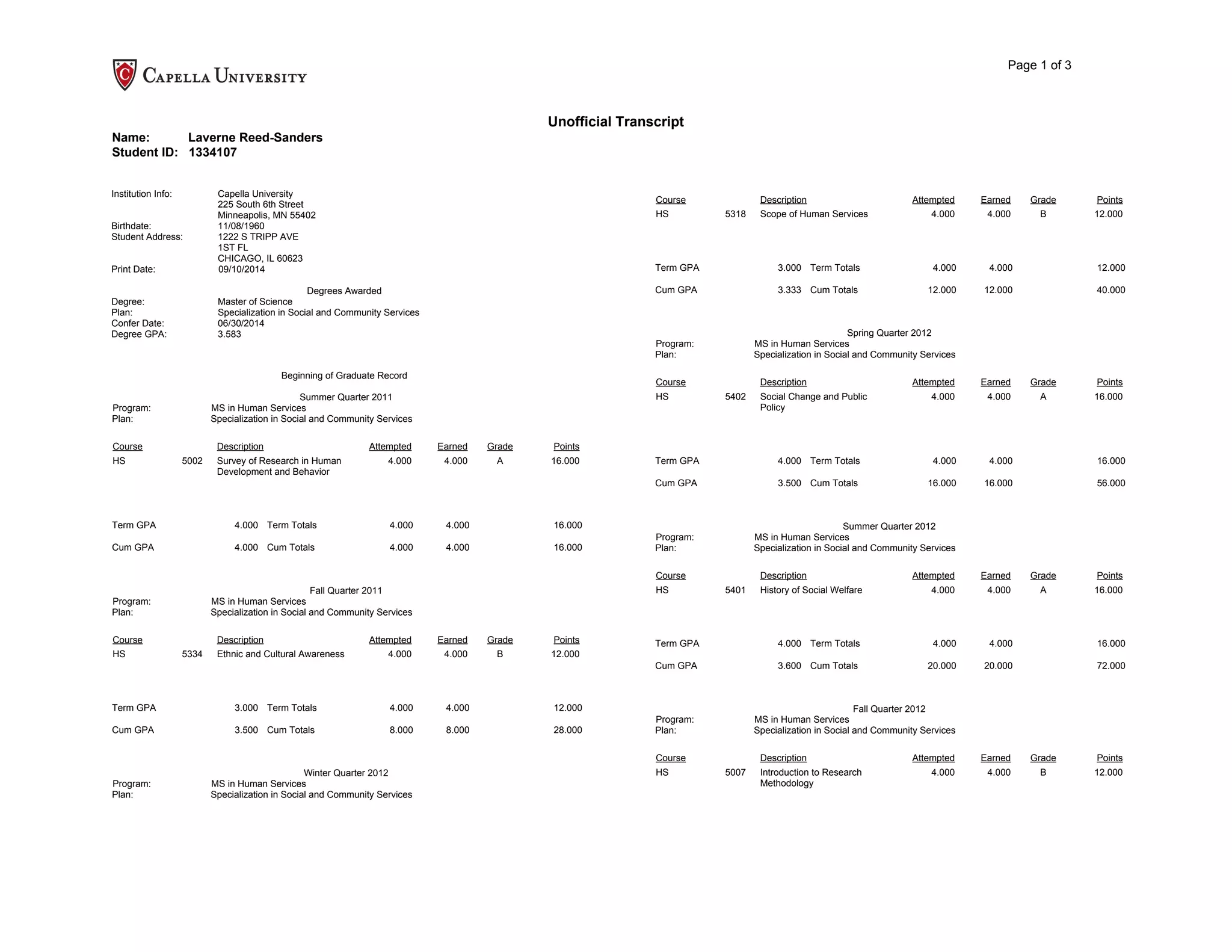 Laverne's Capella Transcipt (Master) | PDF