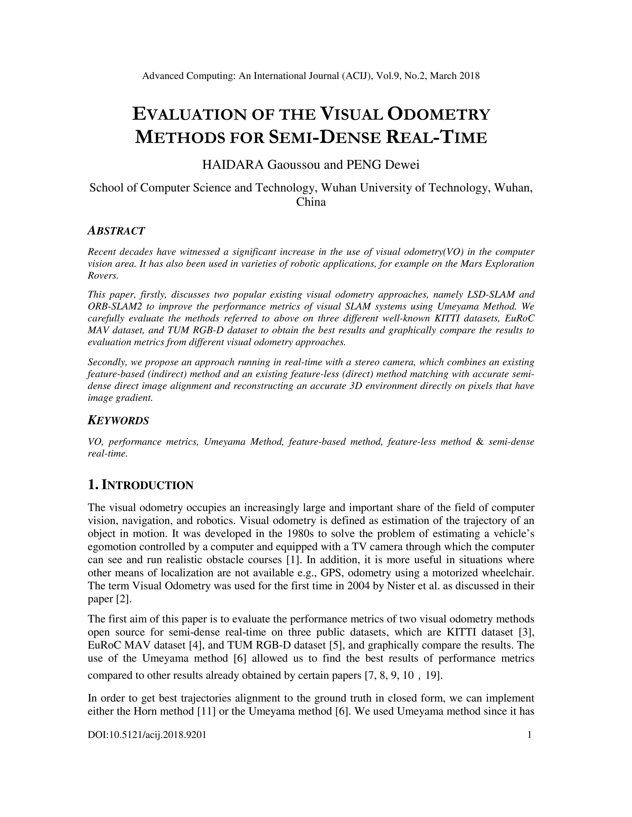 EVALUATION OF THE VISUAL ODOMETRY METHODS FOR SEMI-DENSE REAL-TIME | PDF