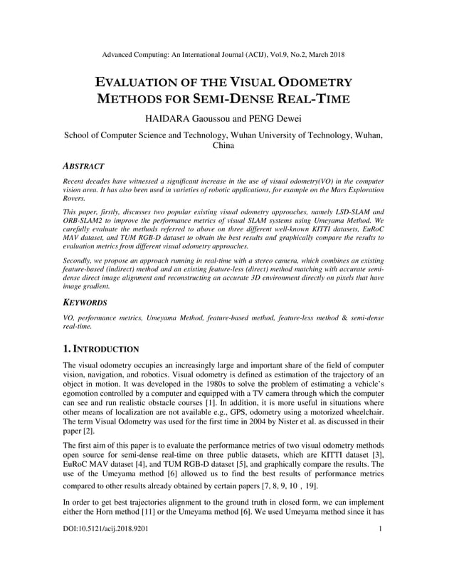 EVALUATION OF THE VISUAL ODOMETRY METHODS FOR SEMI-DENSE REAL-TIME | PDF