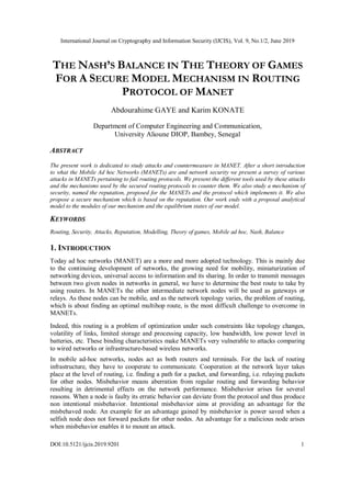 THE NASH’S BALANCE IN THE THEORY OF GAMES FOR A SECURE MODEL MECHANISM IN ROUTING PROTOCOL OF ...