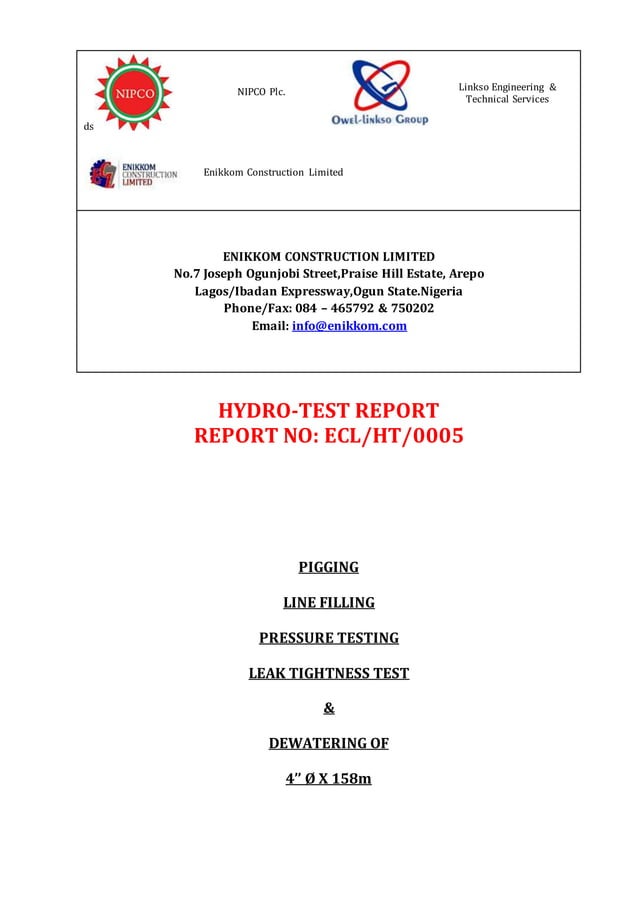 Hydrotest REPORT FOR 4'' 158m Line. | DOCX | Chemistry | Science