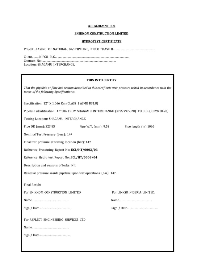 Hydrotest REPORT FOR 4'' 158m Line. | DOCX | Chemistry | Science