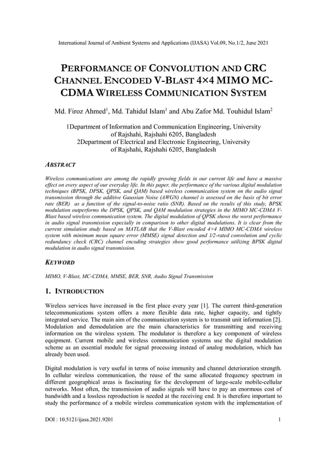 PERFORMANCE OF CONVOLUTION AND CRC CHANNEL ENCODED V-BLAST 4×4 MIMO MCCDMA WIRELESS ...