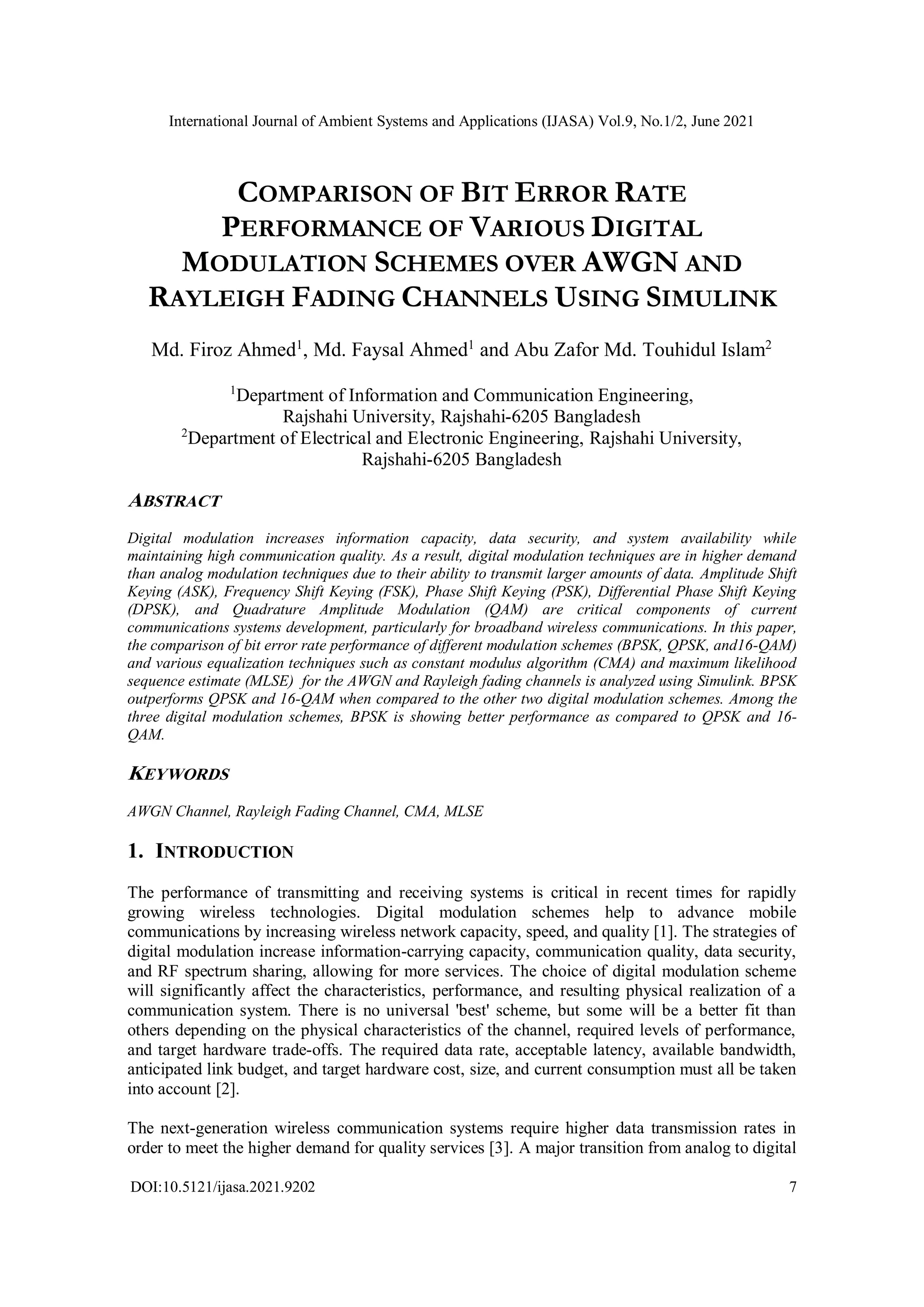 Comparison Of Bit Error Rate Performance Of Various Digital Modulation Schemes Over Awgn And