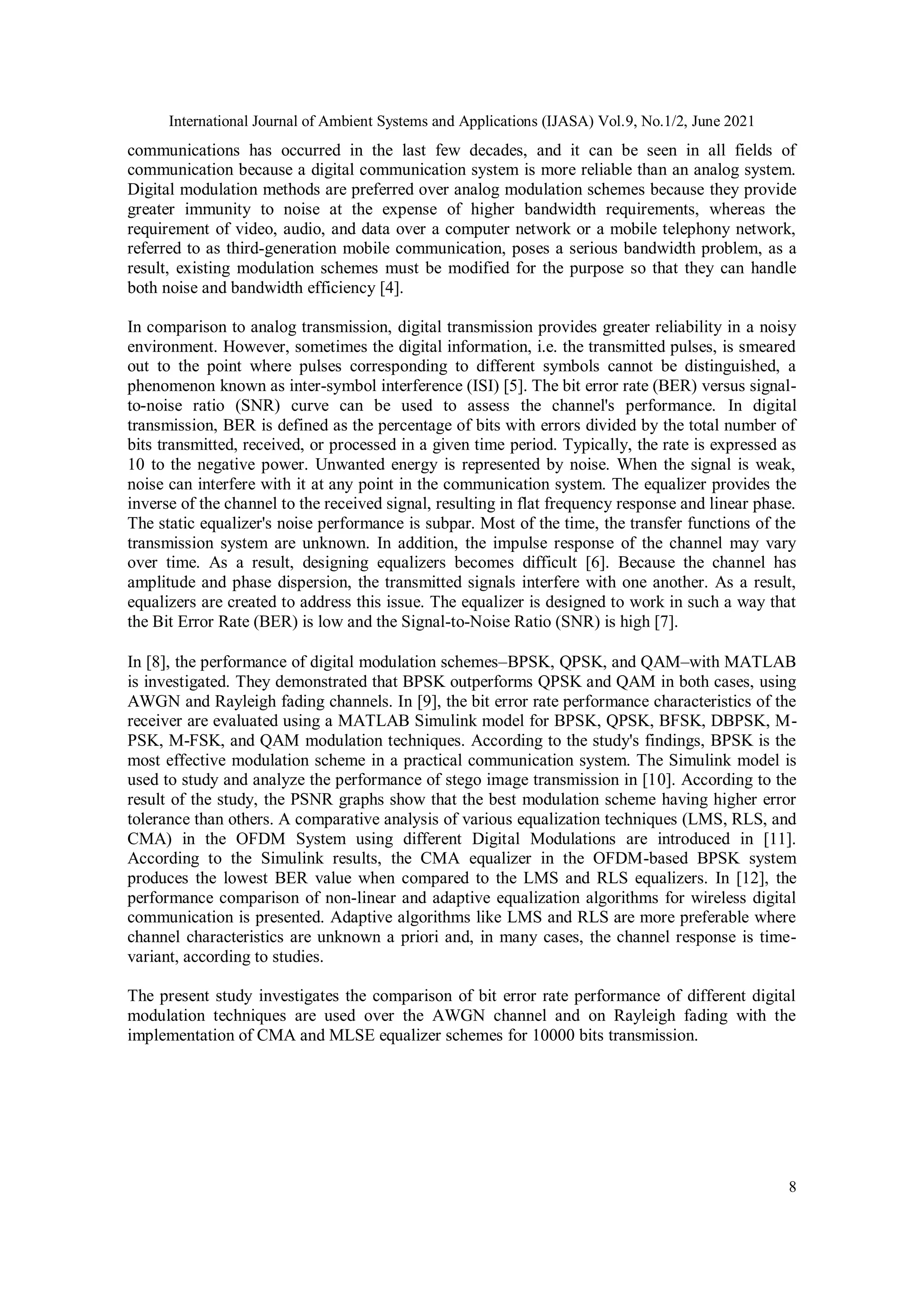 Comparison Of Bit Error Rate Performance Of Various Digital Modulation