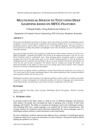 MULTILINGUAL SPEECH TO TEXT USING DEEP LEARNING BASED ON MFCC FEATURES | PDF