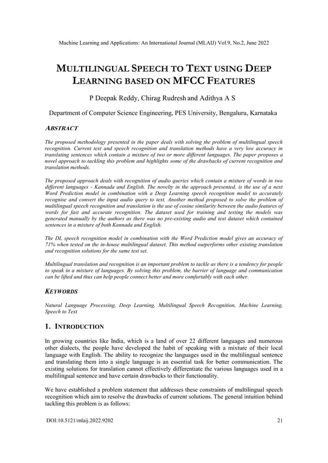 MULTILINGUAL SPEECH TO TEXT USING DEEP LEARNING BASED ON MFCC FEATURES | PDF