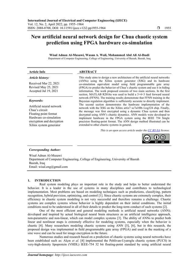 New artificial neural network design for Chua chaotic system prediction using FPGA hardware co ...