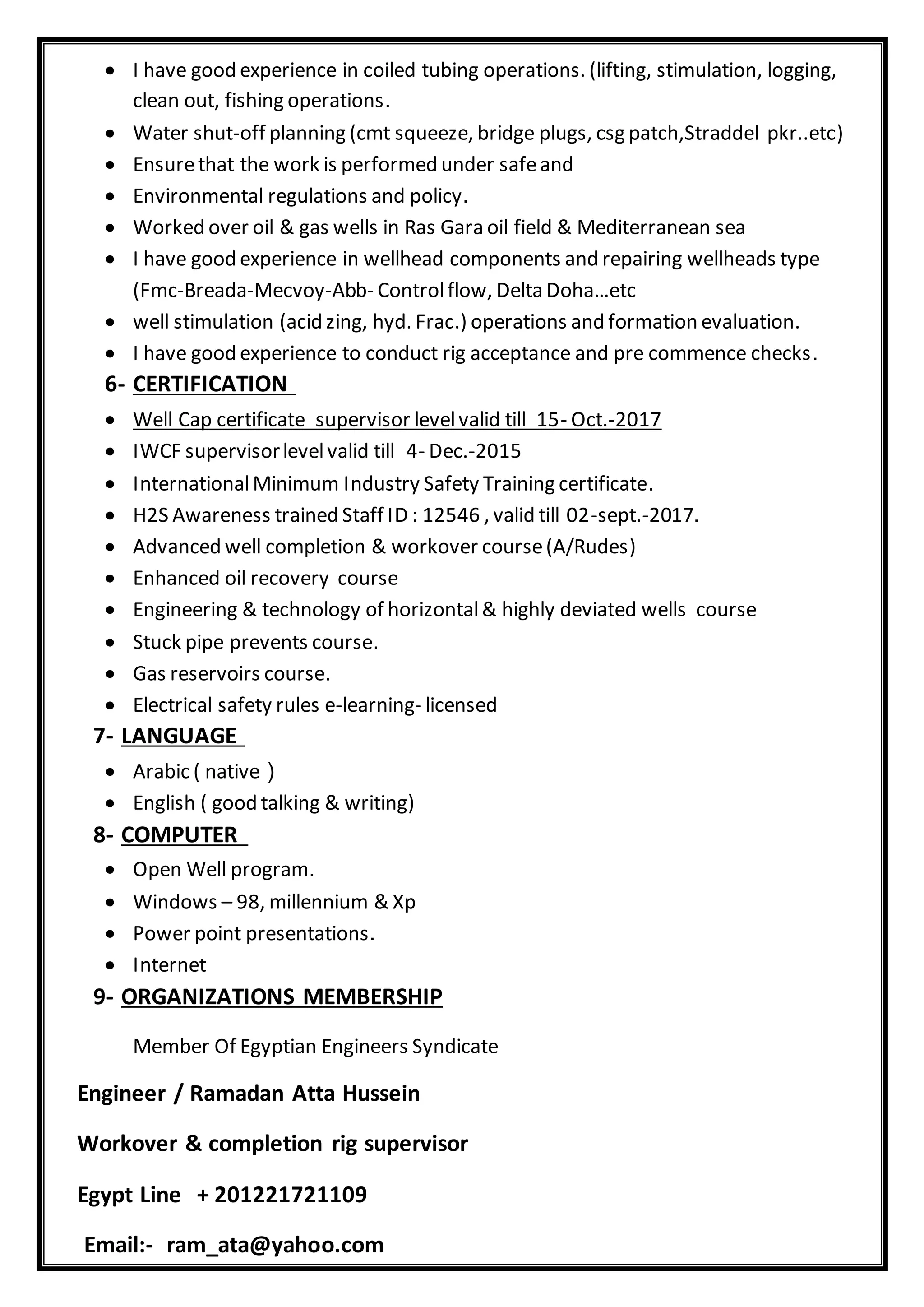 CV Ramadan Workover & Completion rig supervisor (2015) | DOCX