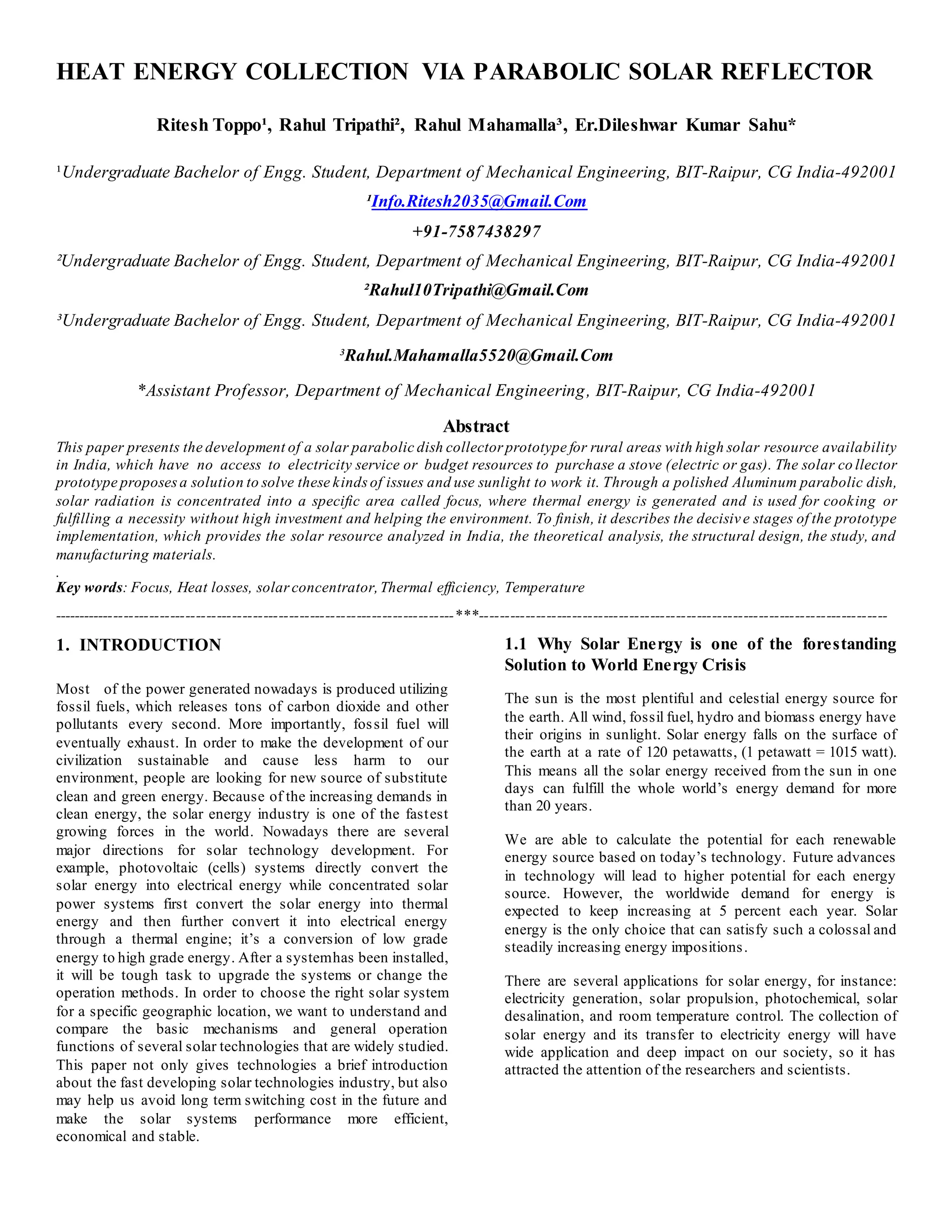 HEAT ENERGY COLLECTION VIA PARABOLIC SOLAR REFLECTORS | DOCX
