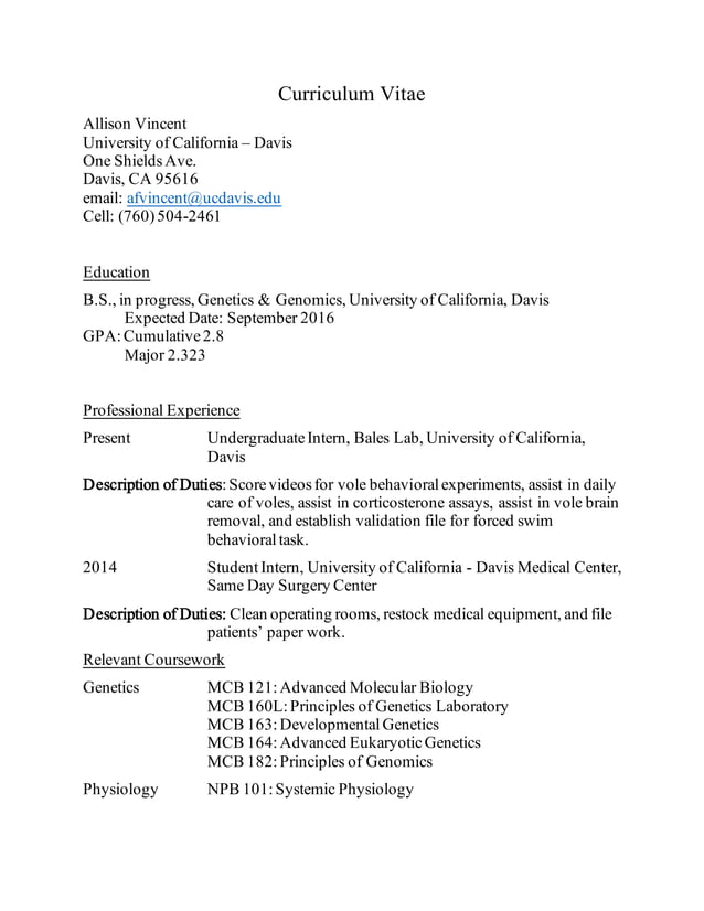 Allison Vincent Curriculum Vitae | PDF