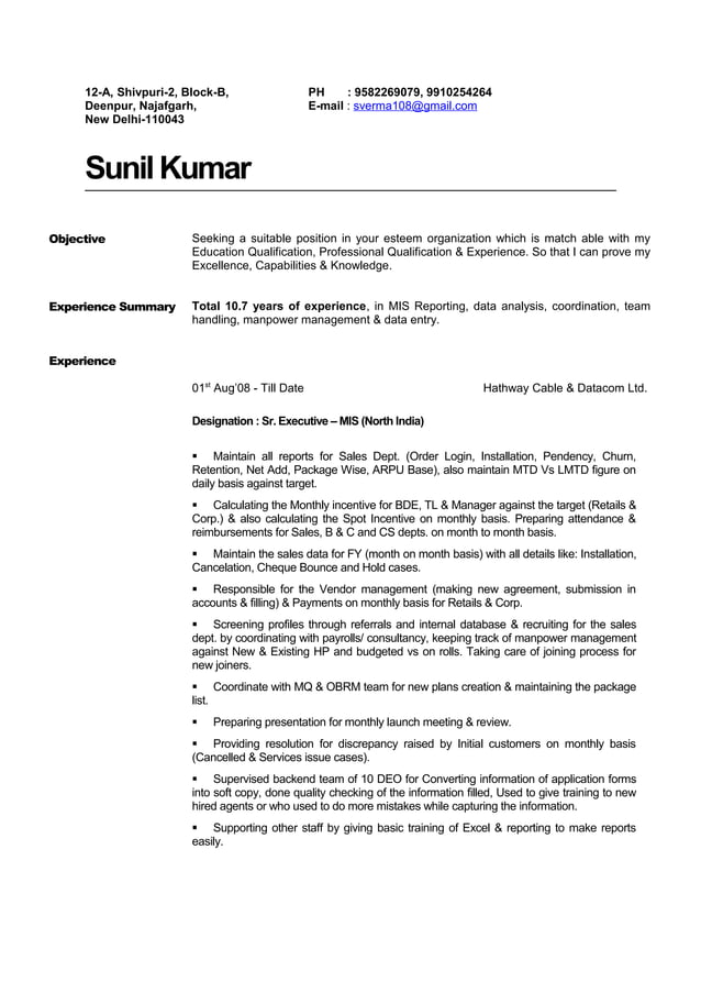 Sunil Resume | DOC | Human Resources | Business
