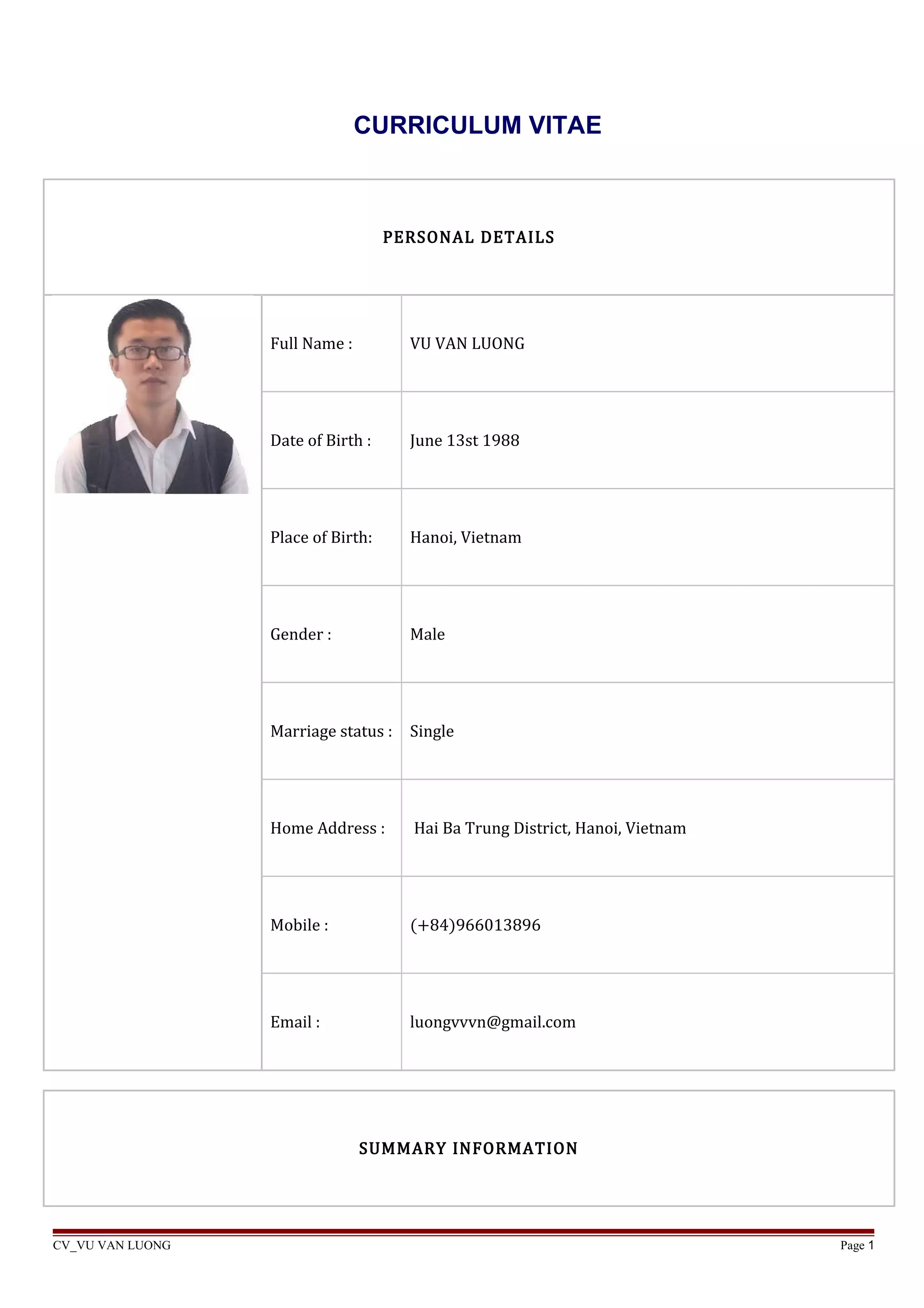 Curriculum Vitae_ Luong Vu Van | PDF