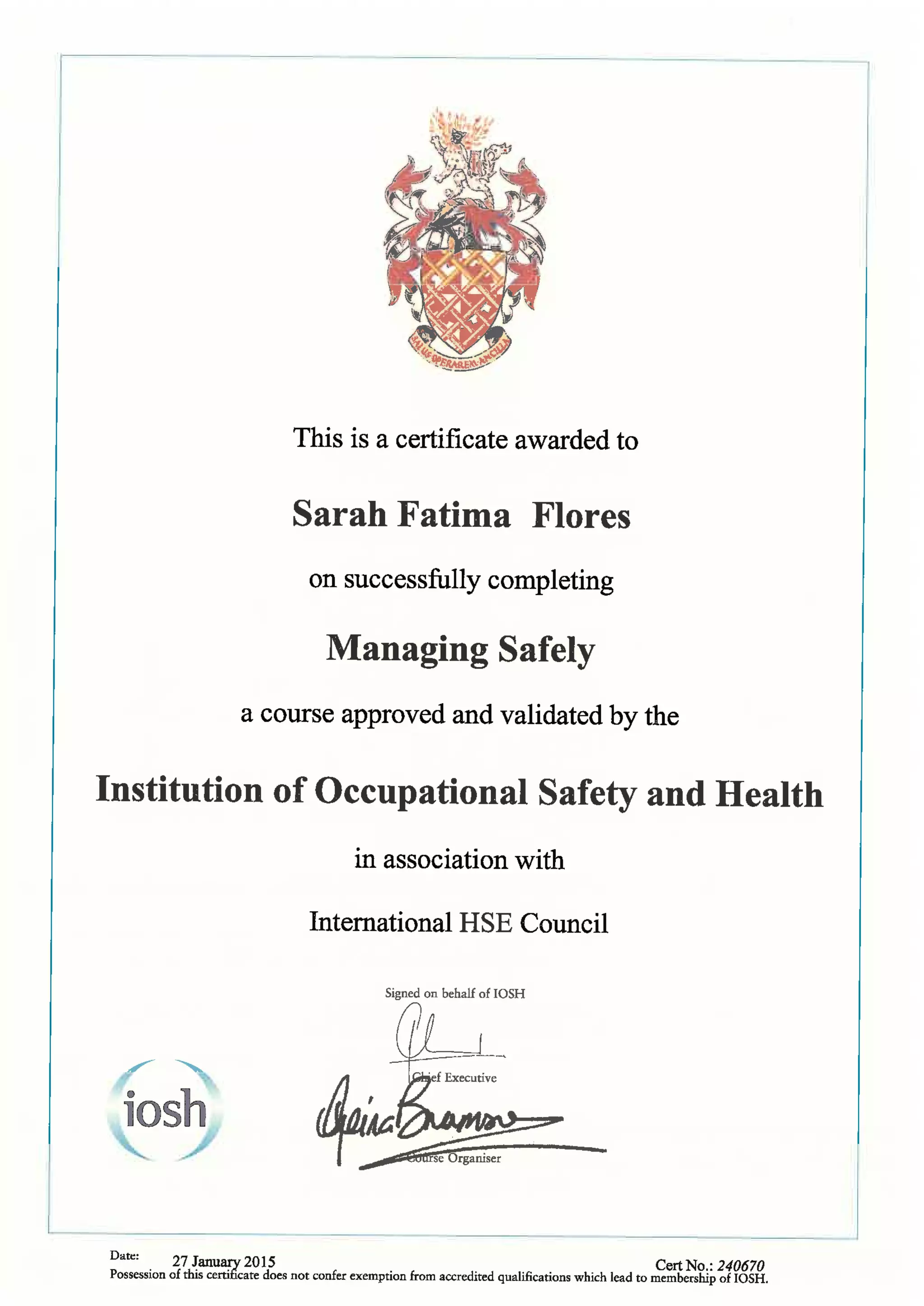 IOSH Certificate - Managing Safely 2015 | PDF