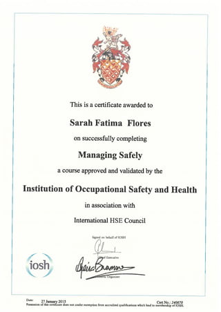 IOSH Certificate - Managing Safely 2015 | PDF