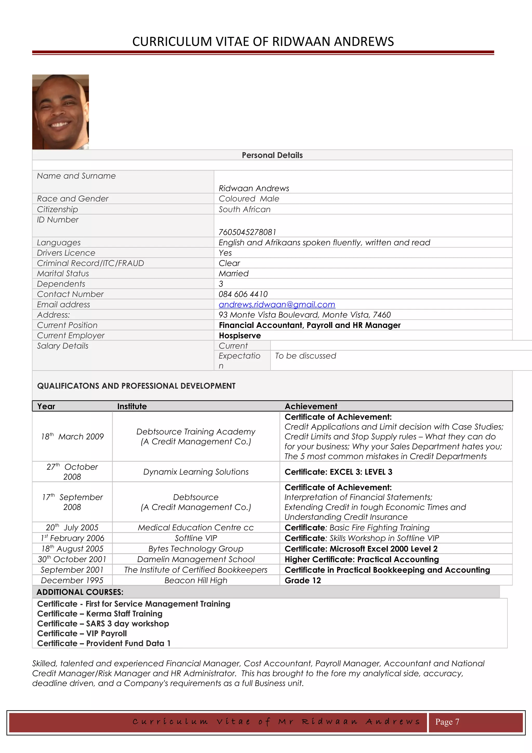 Ridwaan Andrews cv New 2015 | DOC