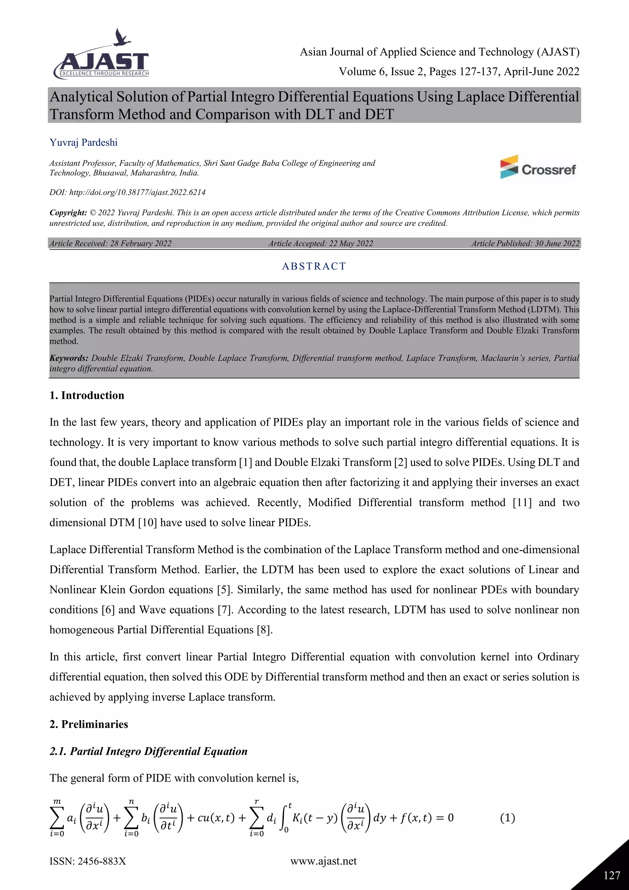 Analytical Solution of Partial Integro Differential Equations Using Laplace Differential ...